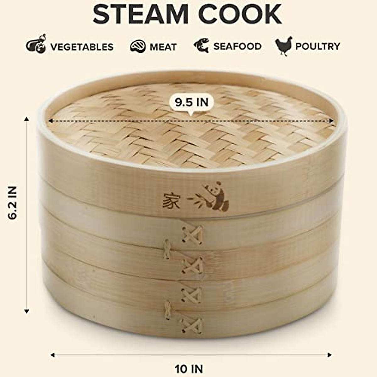 Prime Home Direct Bamboo Steamer Basket 10-inch | 2-Tier Steamer for Cooking | 50 Liners, Chopsticks & Sauce Dish | Dumpling Steamer, Food Steamer Baskets for Cooking - Rice & Vegetable Steamer Pot