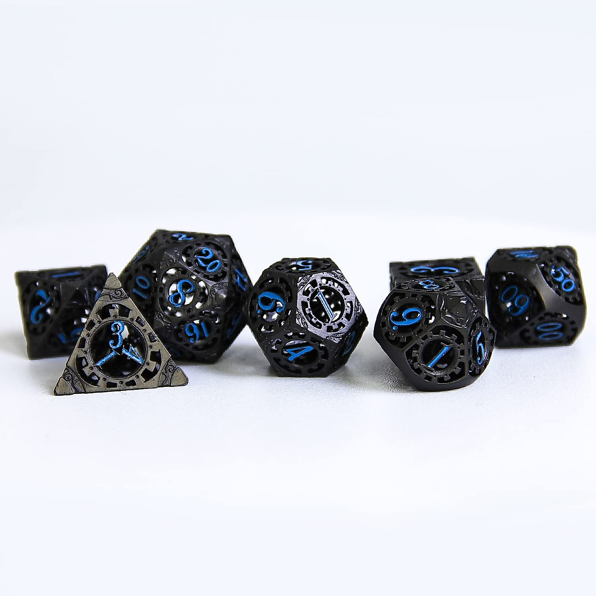 BEWTEIM New Version Steampunk Gear DND Dice Set 7pcs Polyhedral Dice d&d Dungeons and Dragons Dice Gifts RPG,MTG,Pathfinder Role Playing Games (Black Blue, Hollow)