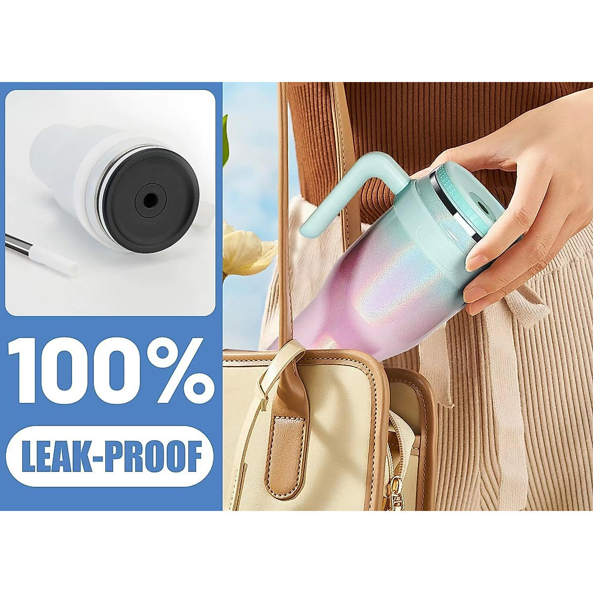 Zenbo 40 oz Glitter Tumbler With Handle, Screw on Lid and Straw | Stainless Steel Insulated Mug Tumbler, Keeps Drinks Cold up to 34 Hours, Fit in Car Cup Holder, Sweat-Proof Body, Dishwasher Safe