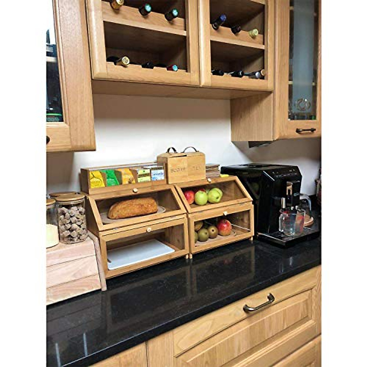 HOMEKOKO Double Layer Large Bread Box for Kitchen Counter, Wooden Large Capacity Bread Storage Bin (Natural Bamboo)