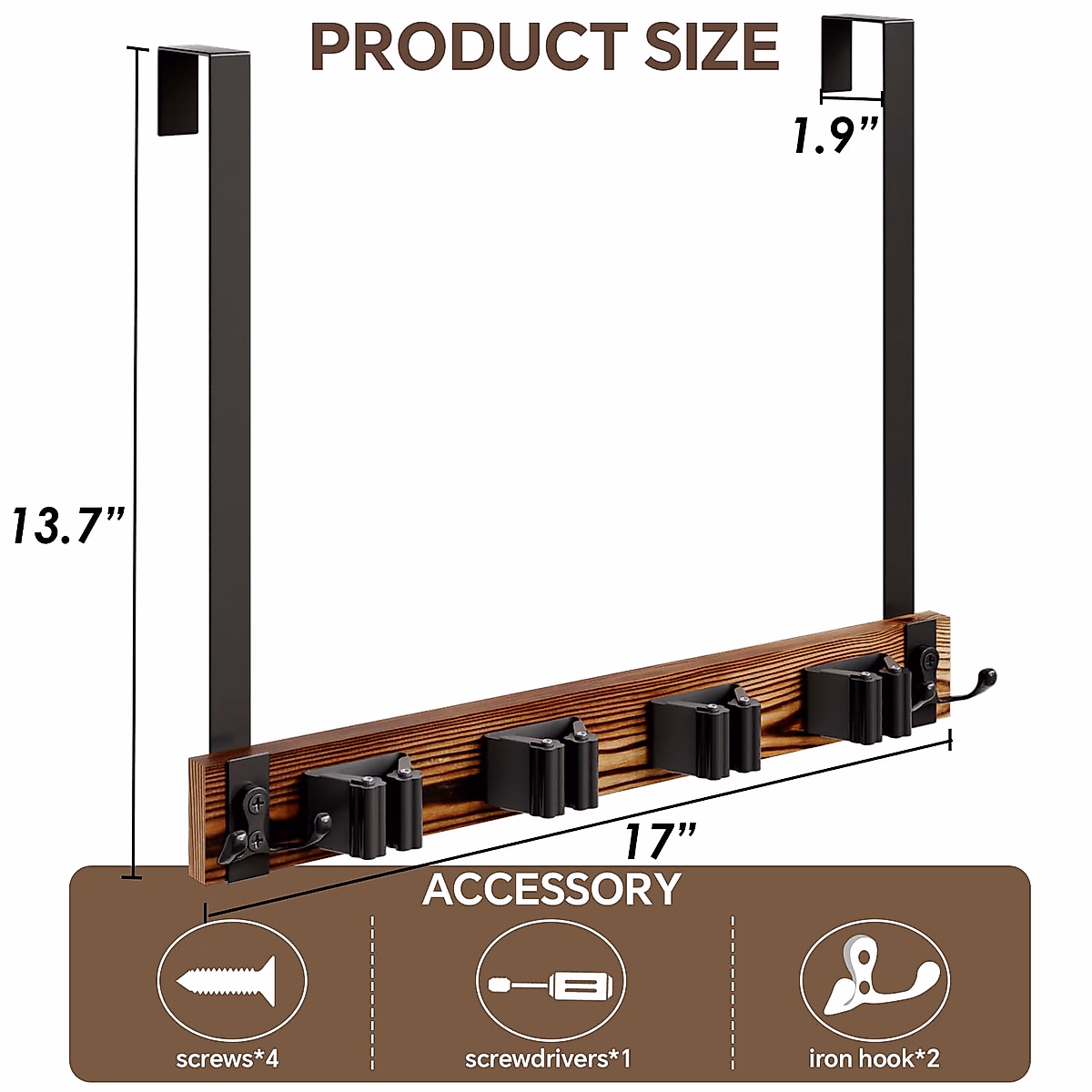 Rasdwt Broom Holder Over the Door, Wood Broom and Mop Rack, Over the Door Broom Holder, Drilling-Free Mop and Broom Holder with 2 Hooks for Garage, Laundry Room Broom Hanger and Storage Tool, Brown