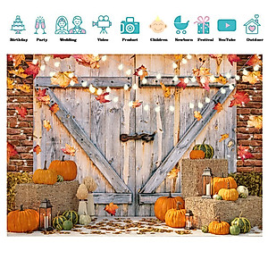 SJOLOON Autumn Backdrop Fall Pumpkin Harvest Photo Backdrop Thanksgiving Day Backdrop Barn Door Maple Leaf Backdrops for Photography Studio props12457 (7x5FT