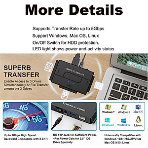 EYOOLD SATA IDE to USB 3.0 Adapter, External Hard Drive Reader Ultra Recovery Converter for Universal 2.5 3.5 IDE and SATA HDD SSD, 5.25-inch DVD/CD-ROM Optical Drive, Easy to Use