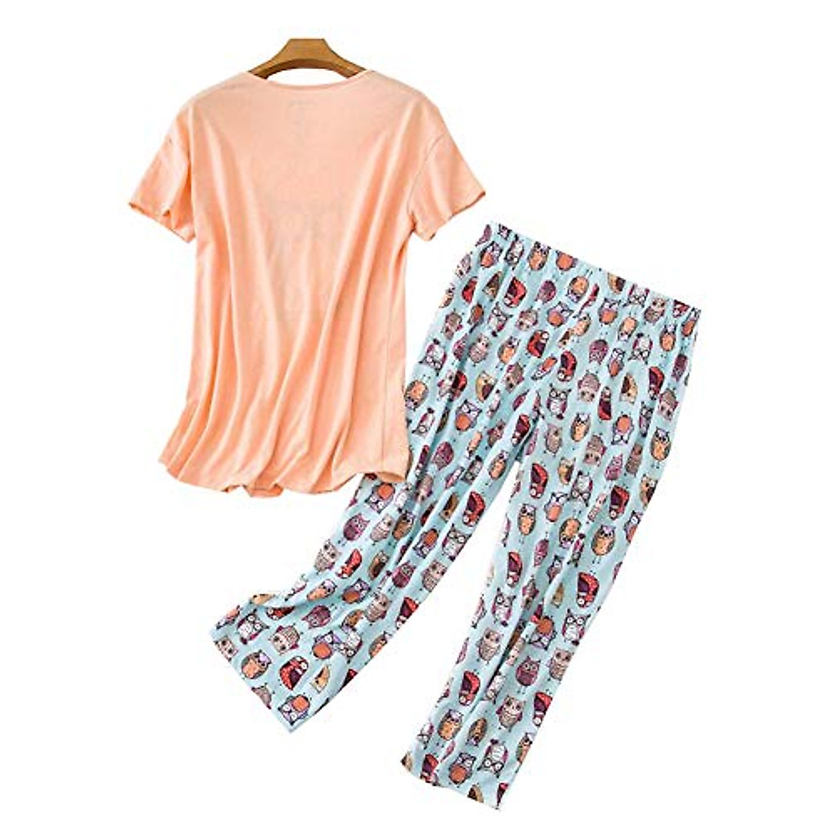 CHUNG Women Cotton Pajama Sets Sleepwear pjs Short Sleeve Shirt Capri Pants with Cute Vivid Print (XL, Orange Owl)