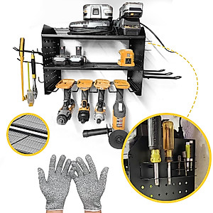 Havenfly Power Tool Organizer Wall Mount with Power Strip, 6 Drill Holder, Heavy Duty Metal Drill Storage Shelf with 8 Hooks, 3 Layer Storage Shelf with 2 Side Pegboards, Ideal Gifts for Men
