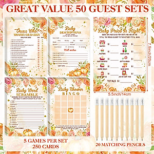 Patelai 321 Pcs Little Pumpkin Baby Shower Games Supplies, Fall Pumpkin Baby Shower Games 5 Sets (50 Cards Each) Activities Cards with 20 Pencils 1 Don't Say Baby Sign 50 Clothespin