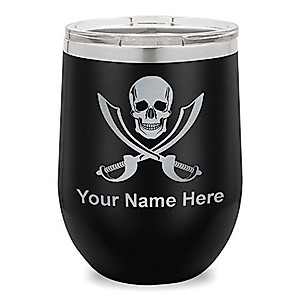 SkunkWerkz Wine Glass Tumbler, Jolly Roger, Personalized Engraving Included (Black)