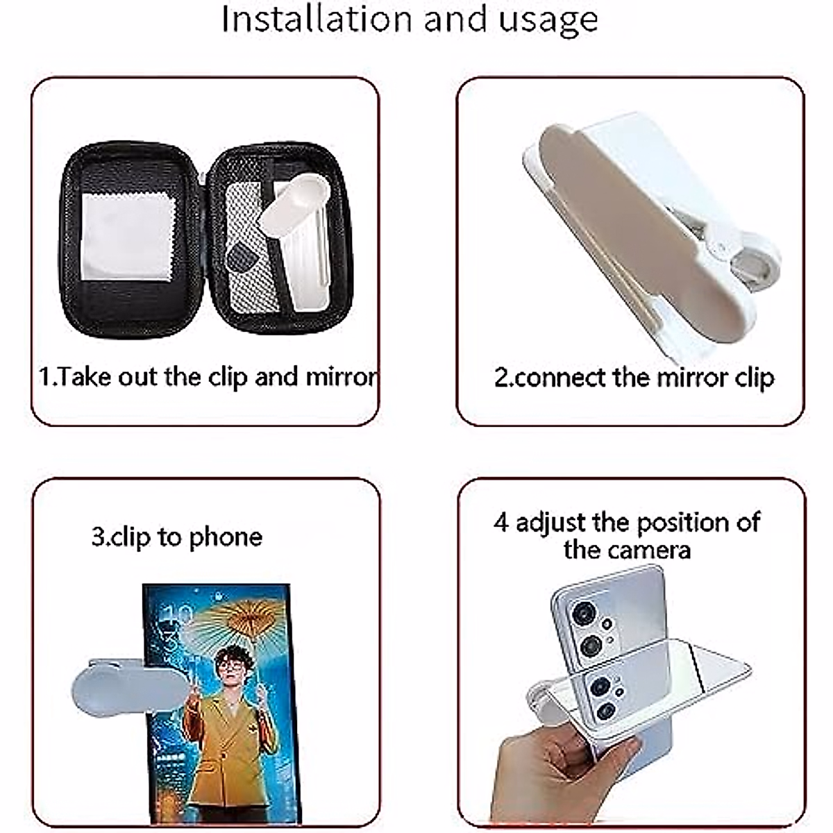 2023 Newest Camera Mirror Reflection Clip Kit, Adjustable Phone Camera Mirror Reflection Clip Kit, Mirror Reflection Clip Kit, Mirror Reflection for Phone Camera (Black)