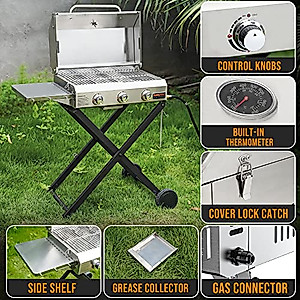 Onlyfire BBQ Gas Grill with 3 Burners and Foldable Cart for Easy Transport, Stainless Steel Portable Propane Grill with Versatile Side Shelf for Outdoor Patio Backyard Camping, Tailgating, RV Trip