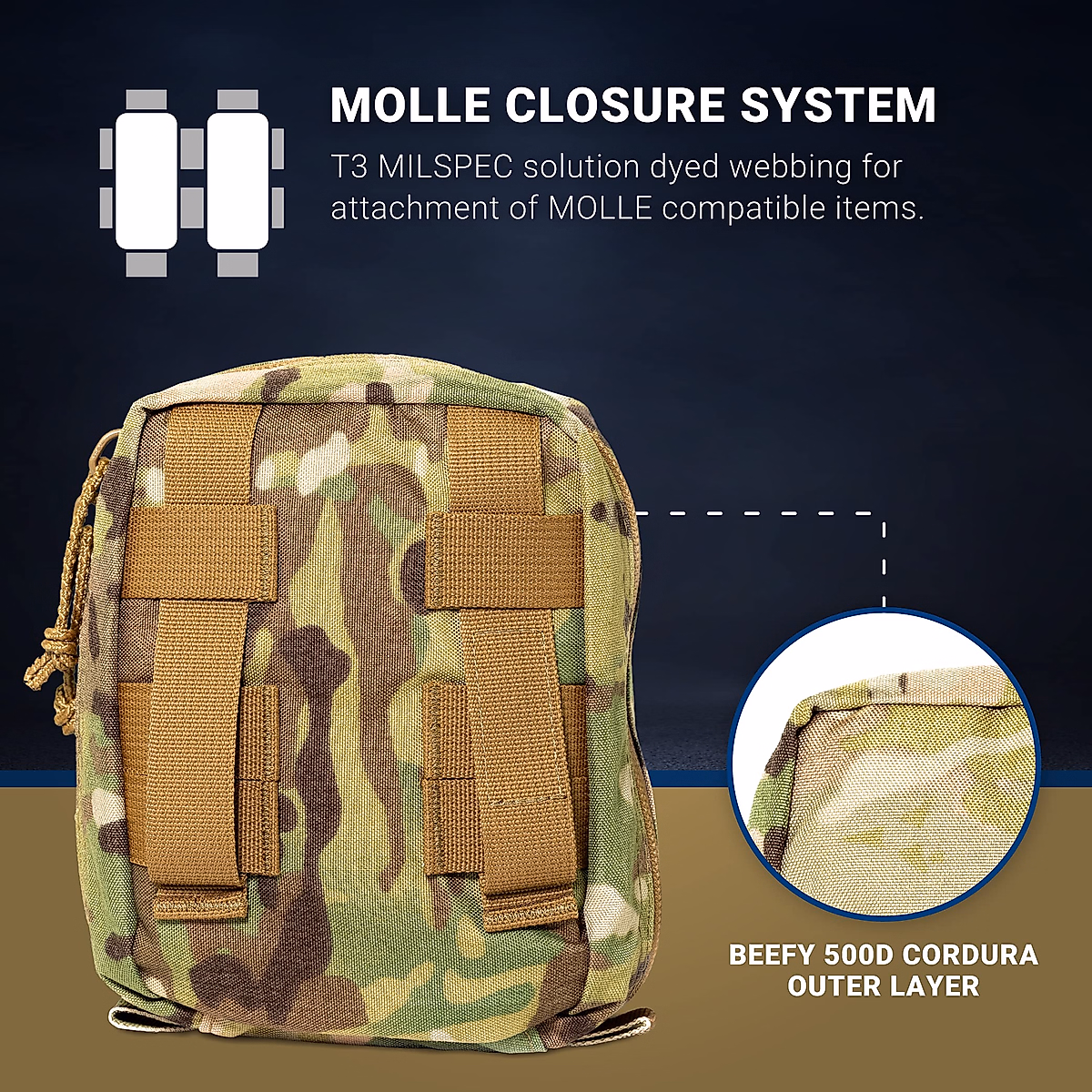 T3 Standard Medical Pouch, MOLLE-Compatible Tactical Pouch for Med Gear, Heavy-Duty Outdoor Pouch for Hiking and Recreation, Supplies Sold Separately, Multicam