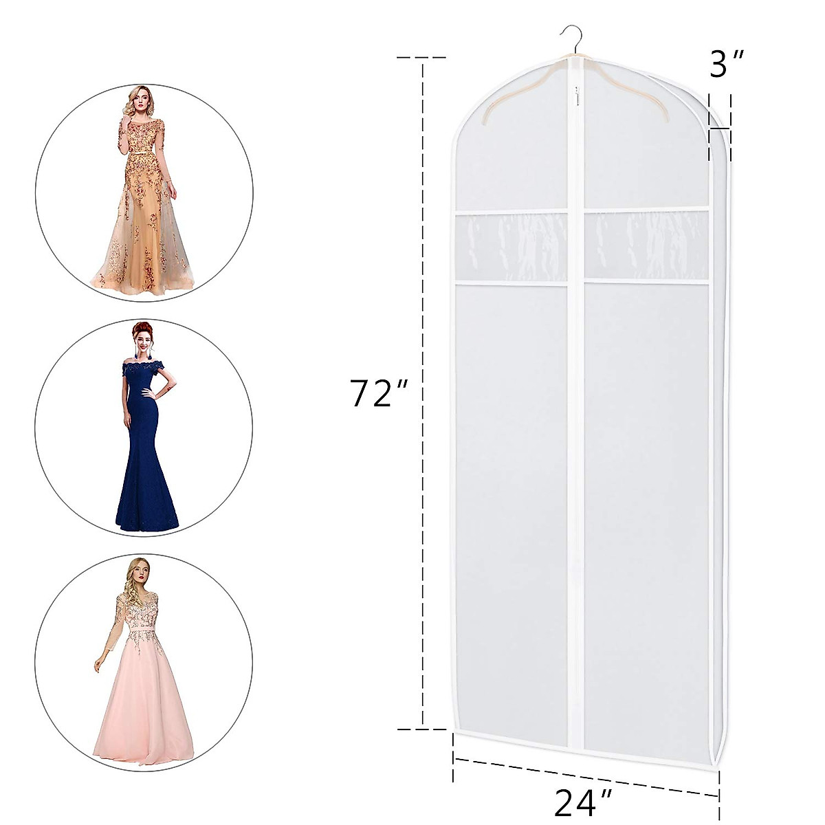 Zilink Dress Garment Bags for Storage 72-inch with Clear Window and 3" Gusset Dress Cover Bag for Long Evening Dresses,Fur Coat, Long Dress Gown Closet Storage