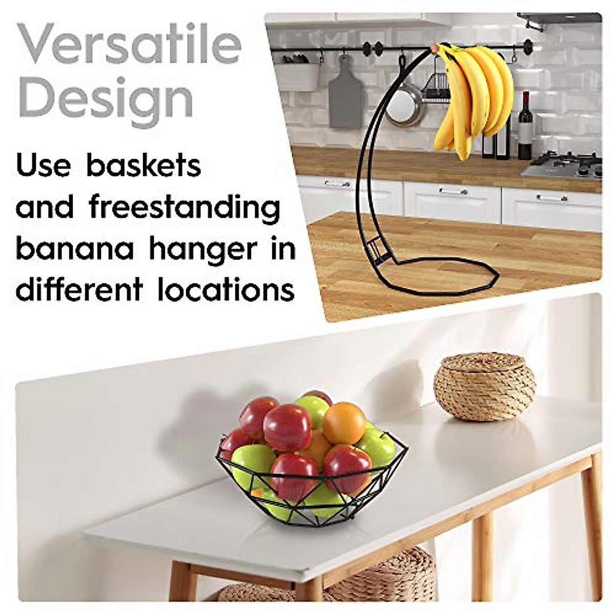 CuttleLab Fruit Basket with Banana Hanger (Black, 1-Tier), Fruit Bowl with Banana Holder, Fruit Bowl for Kitchen Counter used as Bread Basket, Vegetable Basket, Fruit Stand,Egg Holder with Banana Tree