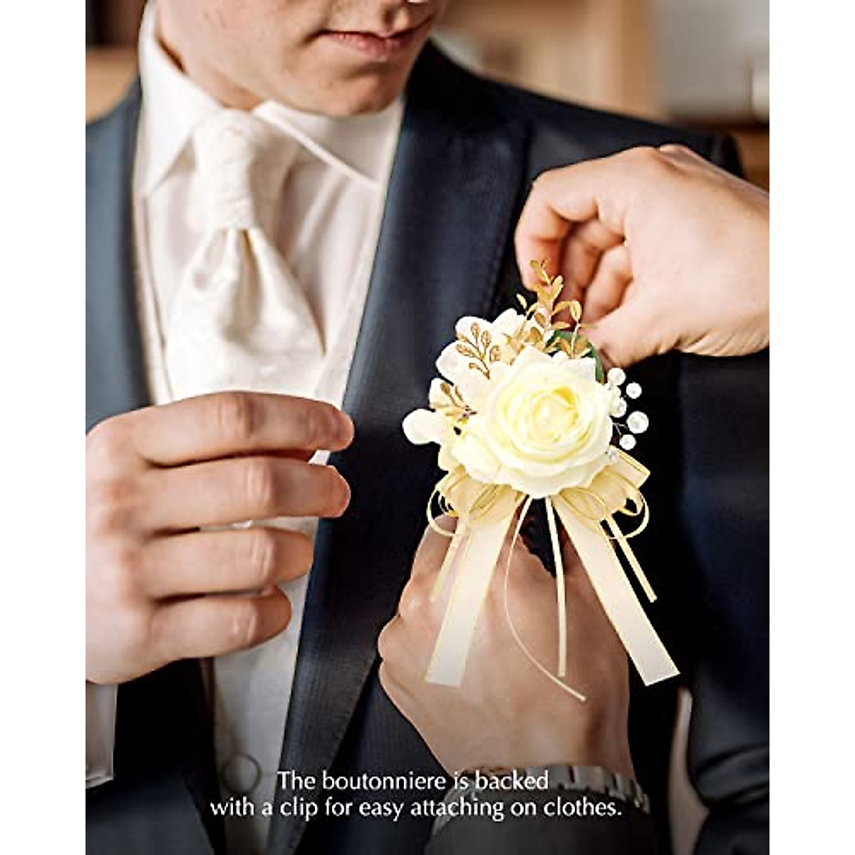Ndeno Ivory Rose Wrist Corsage and Boutonniere Set Artificial Men Wristlet Band Bracelet for White Wedding Flowers Ceremony Accessories Prom Suit Decorations（6pcs Boutonnieres,Champagne）