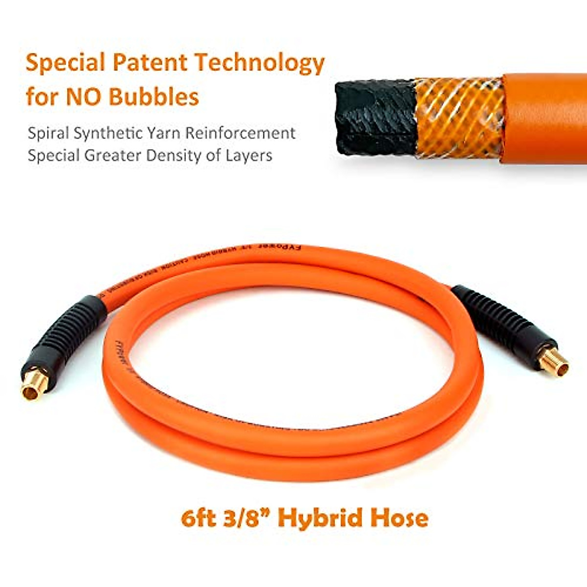 FYPower 10 Pieces Hybrid Lead-in Air Hose kit, 3/8 Inch x 6 ft Whip Air Compressor Hose Kit, 1/4" NPT Air Coupler and Plug, Industrial Solid Brass Quick Connect, 360° Swivel Connector