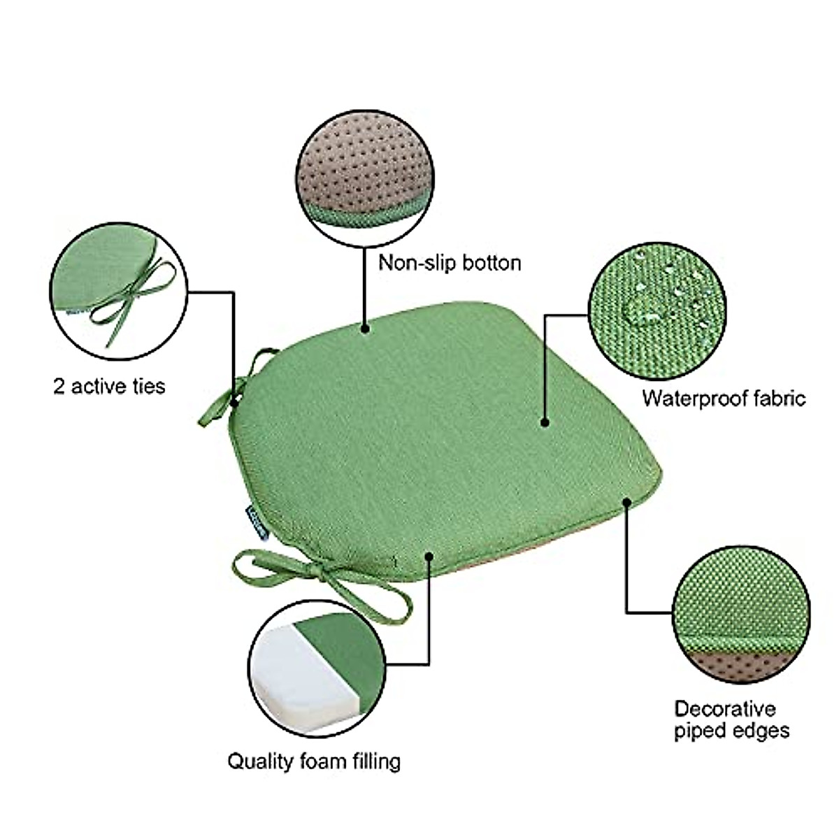 COZPLEN Indoor Outdoor Non Slip Chair Pad, U-Shaped Seat Cushions with Ties for Home Patio Dining Chairs, 14x14 inch, Set of 2,(Deep Green)