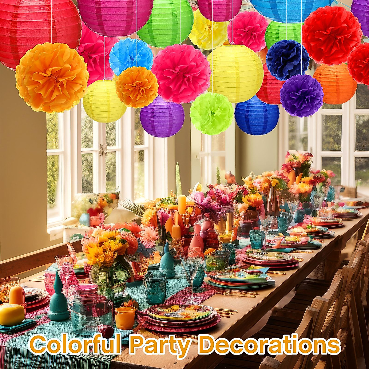 52 Pcs Rainbow Party Decorations 24 Rainbow Tissue Paper Pom Poms 28 Hanging Paper Lanterns Flowers Lanterns for Christmas Wedding Baby Shower Rainbow Birthday Decorations