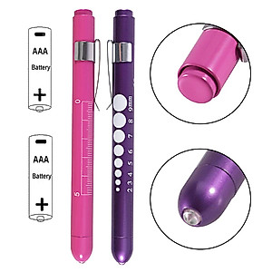 Aokin Pen Light with Pupil Gauge, Reusable LED Penlight Medical for Doctor Nurse Diagnostic etc, White Light, Rose and Purple