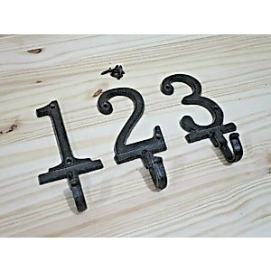 3 Cast Iron Coat Hooks 1 2 3 Numbers Numbered Rustic Hallway Entryway Old Style for Mudroom, Coat Hook, Purse Rack, Hat Hooks