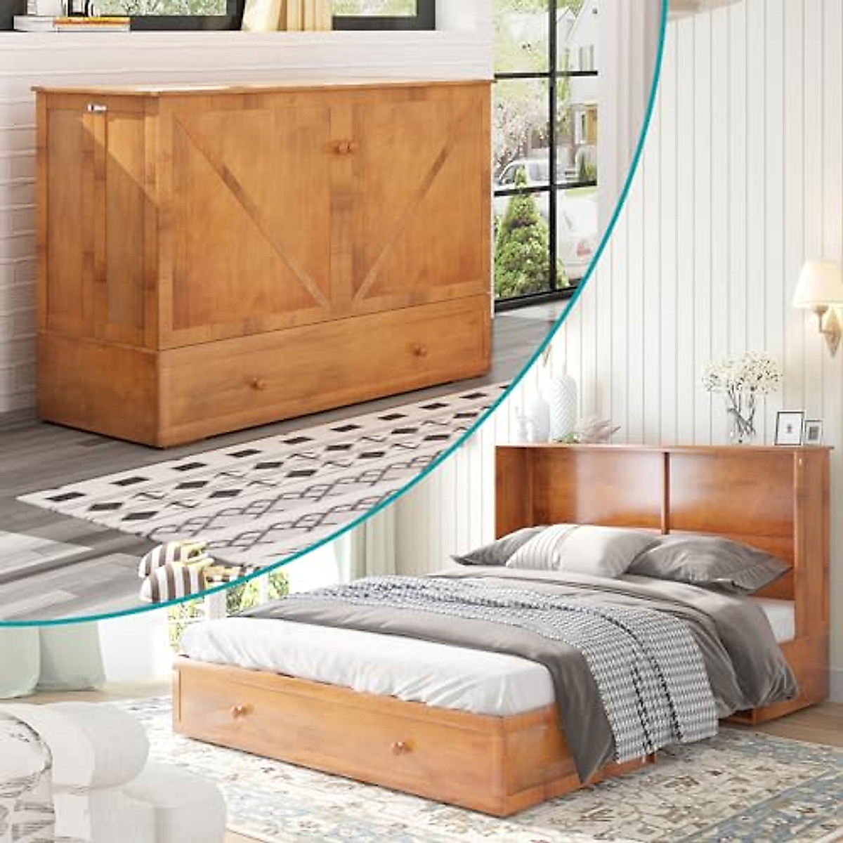 BALUS Cabinet Bed with Queen Size Mattress, Modern Murphy Bed with USB Charging Station, Foldable Tray Tables, Storage Drawer - Cherry Red