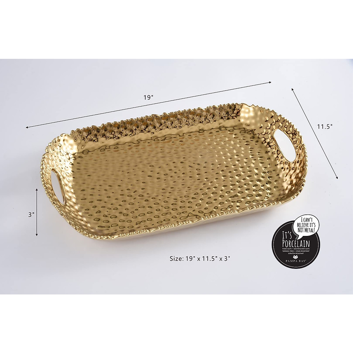Pampa Bay Golden Millenium Titanium-Plated Porcelain Rectangular Tray with Handles, 19 X 11.5 X 3in