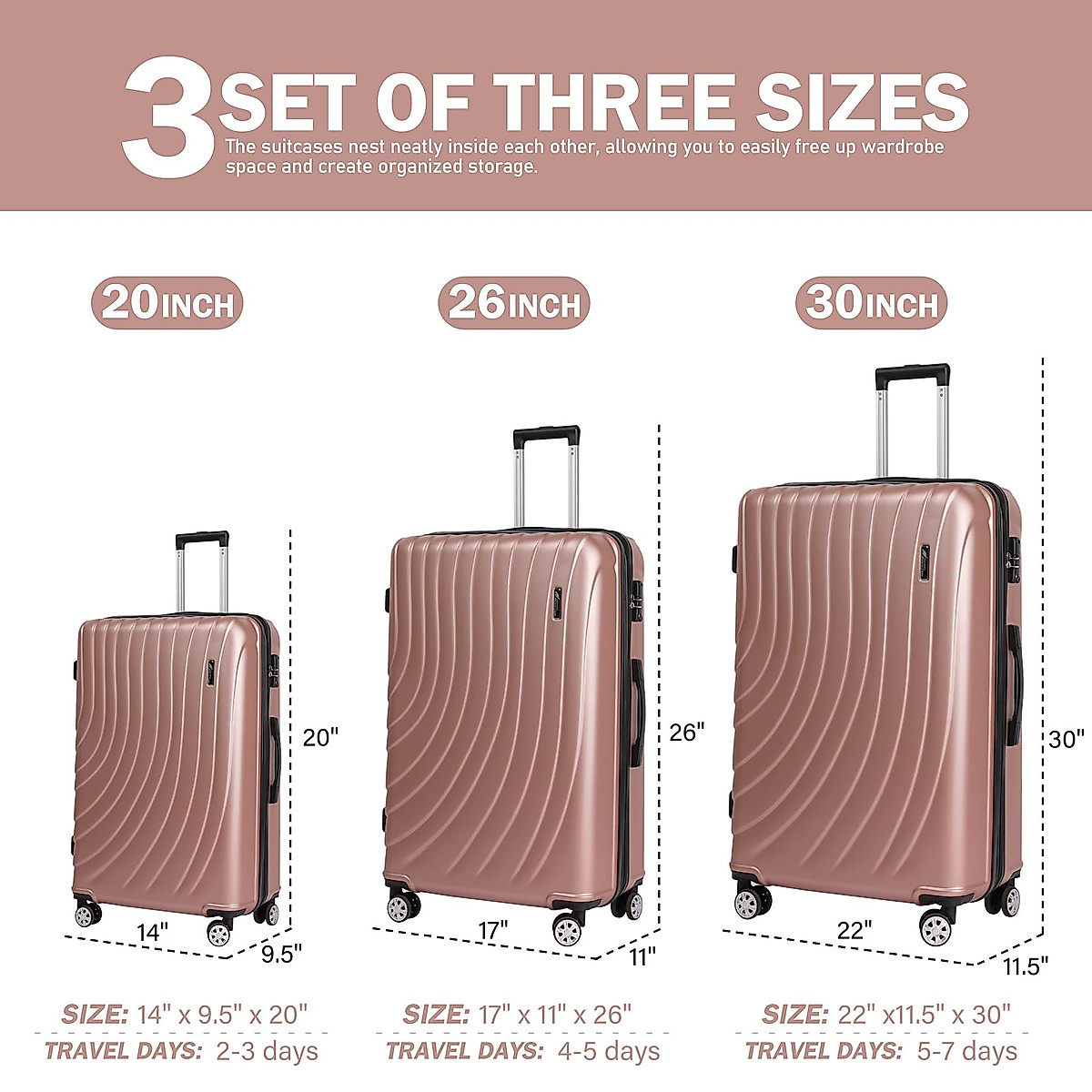 M Camel Mountain Luggage Sets 3 Piece Lightweight Durable Expandable Hard Shell Suitcase Set with TSA Lock Double Spinner Wheels - Rose Gold