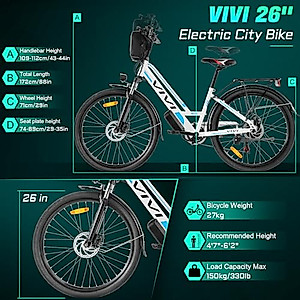 Vivi MT26GUL Electric Bike 26" Step Through Electric Bicycle with Removable 48V 374.4Wh Battery, 750W Peak Motor, 21.7Mph Top Speed, Up to 50 Miles, Cruise Control, 7 Speed, UL 2849 Certification
