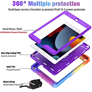 BMOUO Case for iPad 9th Generation Case, iPad 8th/7th Generation Case, iPad 10.2 Case, Shockproof Rotating Stand Hand Strap Kids Case for iPad 10.2" 2021/2020/2019 - Purple