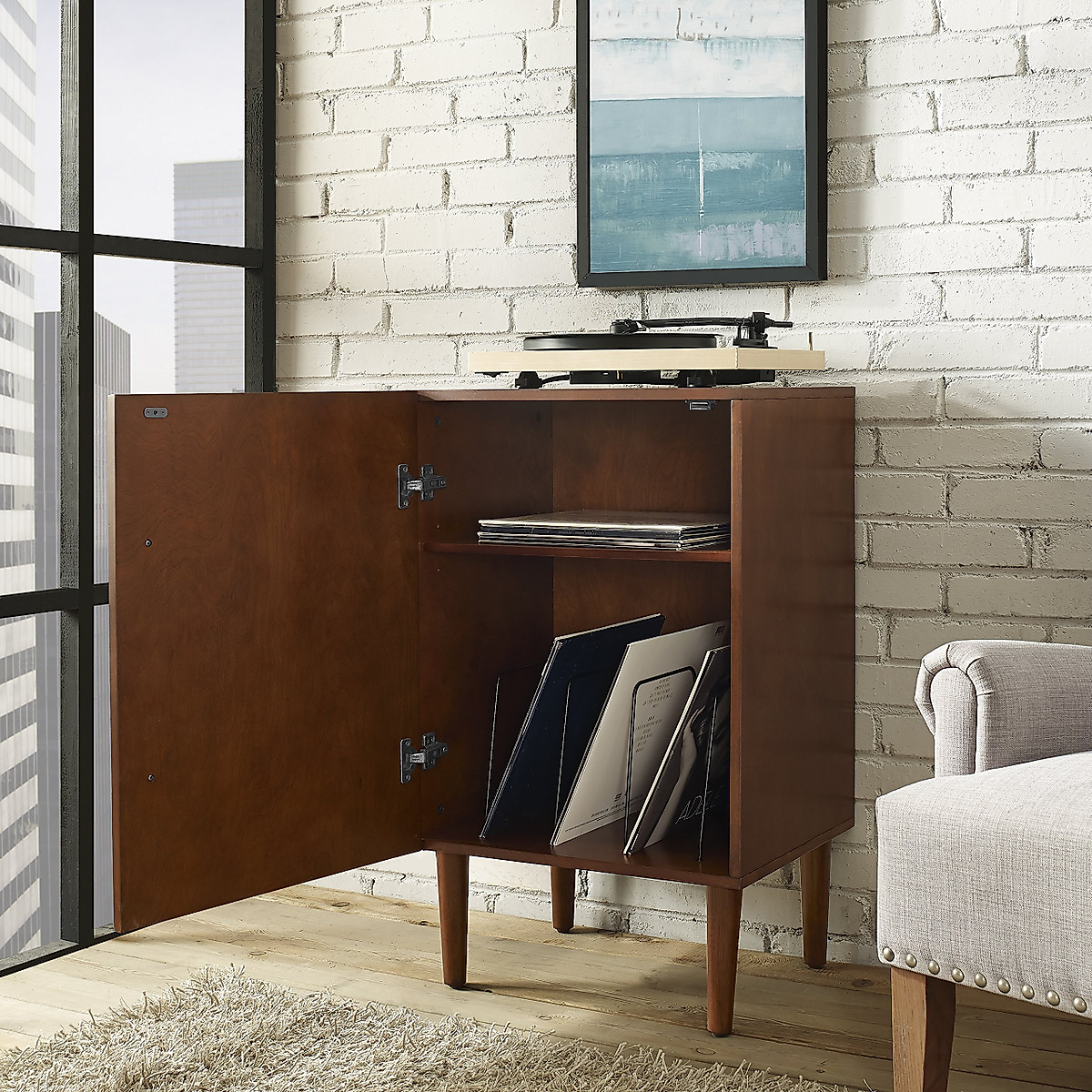 Crosley Furniture Everett Player Stand with Storage for Vinyl Records, Mahogany