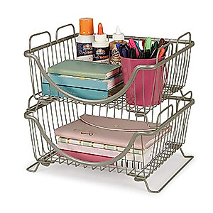 Spectrum Diversified Ashley Stackable Tray, Wire Basket with Raised Feet and Looped Handles Modular Stacking Bin System for Kitchen Countertop & Desk Organization, Satin Nickel