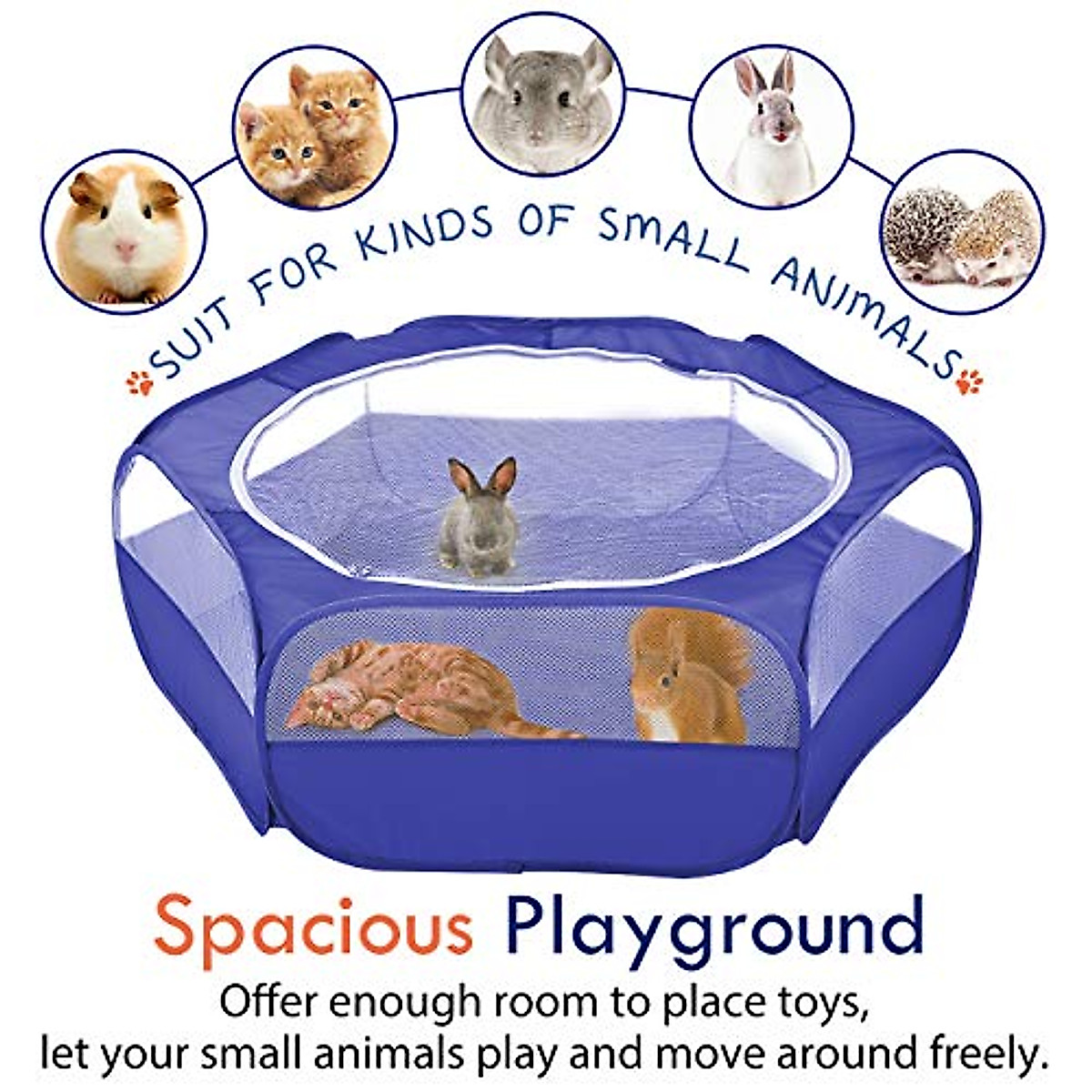 Pawaboo Small Animals Playpen, Waterproof Small Pet Cage Tent with Zippered Cover, Portable Outdoor Yard Fence with 3 Metal Rod for Kitten/Puppy/Guinea Pig/Rabbits/Hamster/Chinchillas, Indigo