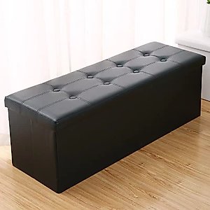 KEYWORD FAMILY 43 in Folding Leather Storage Ottoman Bench, Rectangular Black Footrest， Foam Pouf Tray Footstool with Storage, for Living Room, Bedroom& Hallway