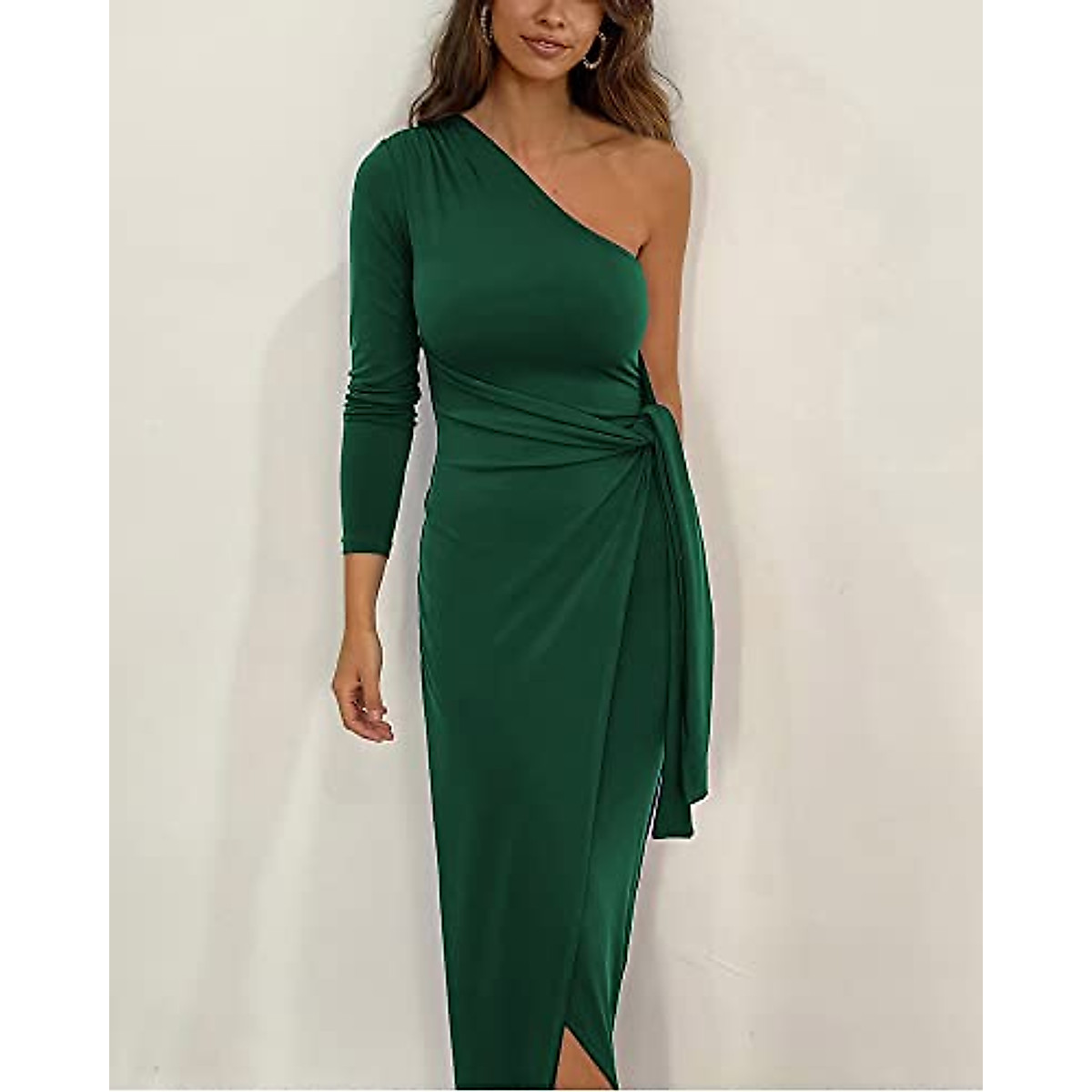 BTFBM Women Elegant Long Sleeve One Shoulder Cocktail Dress Bodycon Ruched Tie Waist Wrap Dress Solid Color Midi Party Dress(Solid Dark Green,Small)