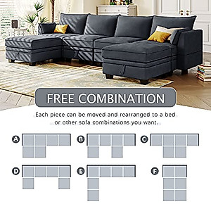 MOEO U Shape Modular Living Room Convertible Sectional Sofa, 6 Piece Couch with Storage and Two Pillows, Polyester Linen Fabric, Easy to Install, for Home, Office, Dark Gray