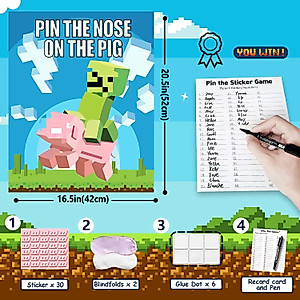 SUNALETTA Video Game Birthday Party Supplies for Kids Pin The Nose on The Pig Games Party Games for Kids, Pixel Miner Party Kids Party Favors Decorations