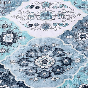 FLYRUGGO Area Rugs, 5x7 Washable Boho Throw Rug Indoor, Moroccan Trellis Bohemian Ultra Soft Large Non-Slip Carpet for Living Room Dining Room Office Bedroom (001-Blue White/Multi, 5x7)