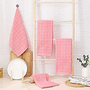 Homaxy 100% Cotton Terry Kitchen Towels(Pink, 13 x 28 inches), Checkered Designed, Soft and Super Absorbent Dish Towels, 4 Pack