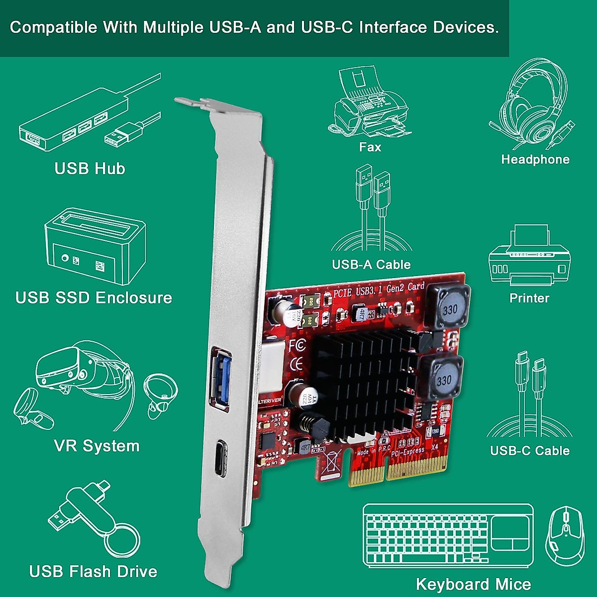 PCIE to USB 3.1 GEN2 10Gbps Card for Windows 7, 8.1, 10, 11 (32/64) and MAC OS 10.9,10.10,10.12,10.13,10.14,10.15 PCs, Built in Smart Power Control Technology, 1X USB-C and 1XUSB-A (PCE-U31AC)