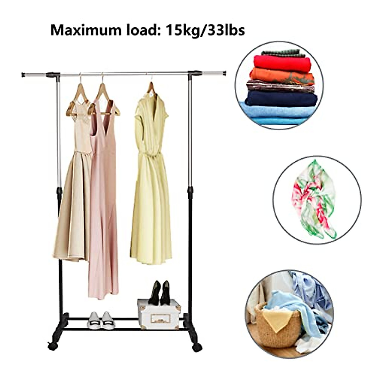 VEAREAR Standard Rod Simple Rolling Metal Clothing Rack, Garment Rack Organizer, Freestanding Hanger with Wheels, Metal Garment Rack for Hanging Clothes, Rolling Clothes Organizer, Black