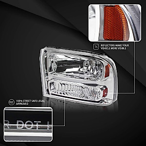 AUTOZENSATION Compatible with 1999-2004 Ford F250 F350 F450 F550 Superduty 2000-2004 Ford Excursion Chrome 1Pc Style Headlights W/Bumper Lamp L + R Pair Headlamp