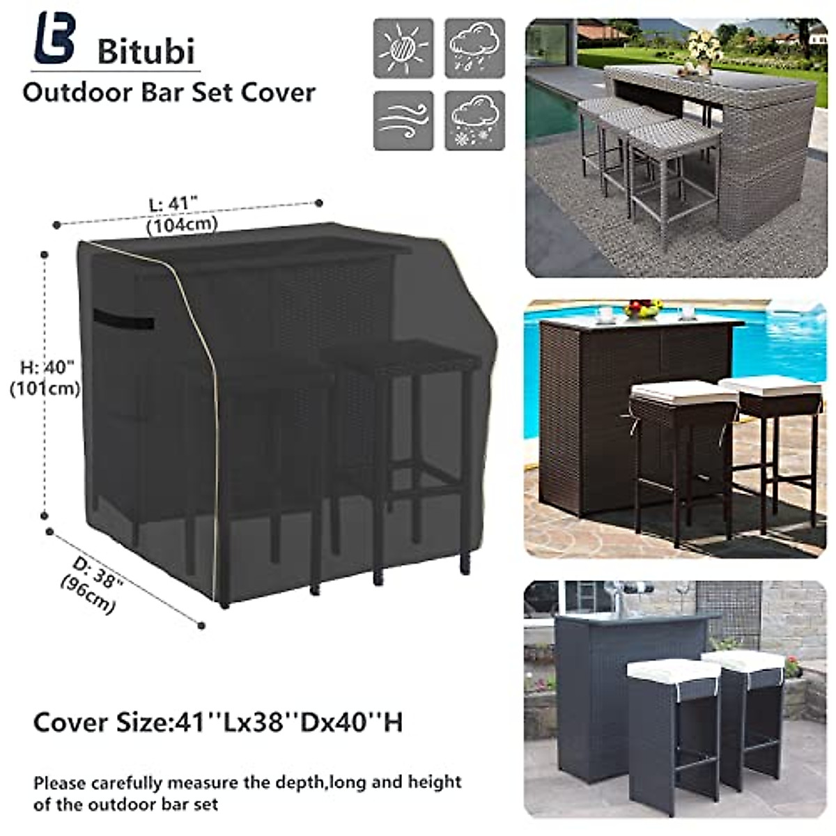 Bitubi 41 Inch Outdoor Bar Set Cover 600D Oxford Cloth Classic Black Heavy Duty Waterproof Patio Bar Set Cover Wicker Bar Table Set Covers