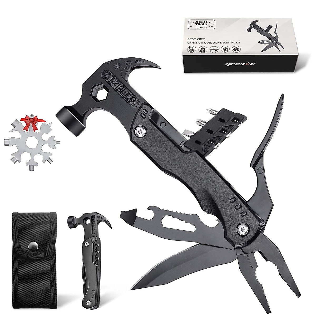 GRESOU Camping Hammer Multitool for Men Dad Husband, 14 In 1 Mini Hammer Multitool Camping Accessories Survival Gadget, All In One Tools Cool Gadgets for Fathers Day Christmas Birthday