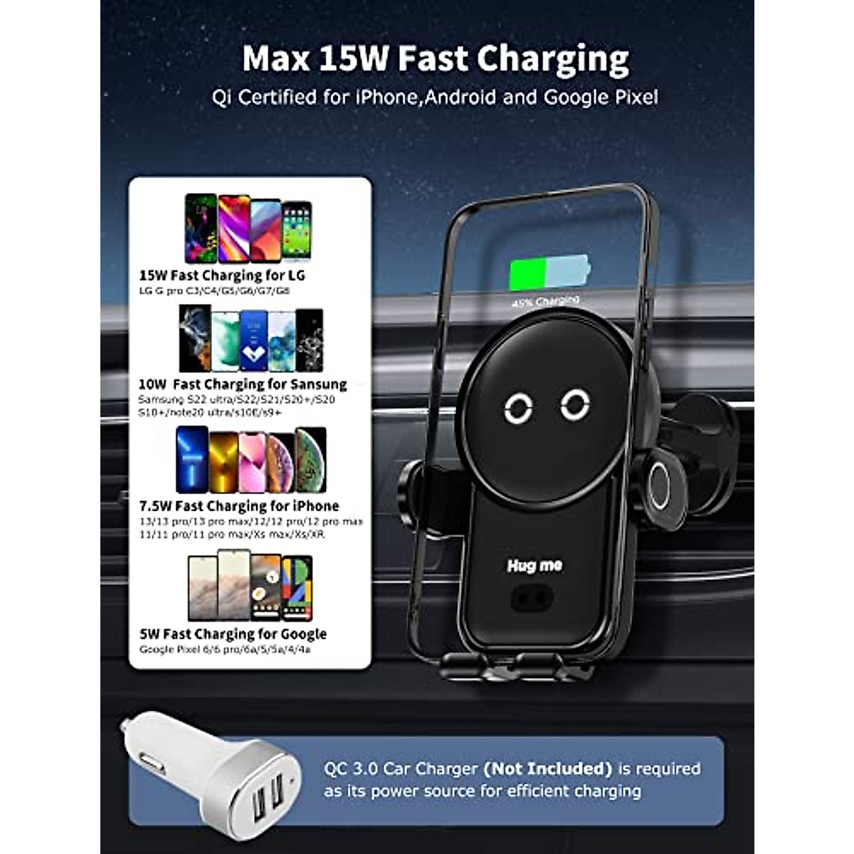 Wireless Car Charger, BENBOAR 15W Fast Charging Kharly Car Phone Holder, [Hug me] Astronaut Smart Sensor Auto-Clamping Phone Mount Car Air Vent Stand for iPhone Samsung Google LG etc Smartphones,Black