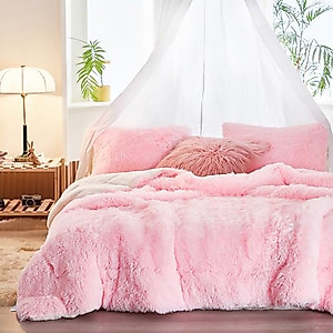 Luxury Faux Fur Shaggy Comforter Set King Size, Plush & Sherpa Reversible Comforter Pink, 3 Pieces Fluffy Fuzzy Bedding Set Ultra Soft and Warm for Winter (1 Comforter + 2 Pillowcases)