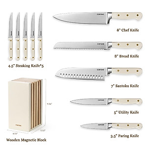 CAROTE 11PCS Knife Set with Block for kitchen, Stainless Steel Razor-Sharp Blade, Triple Riveted Ergonomic Handle,Essential Knife Set, Beige