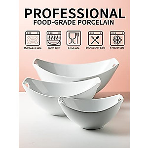 Gomakren Porcelain Serving Bowl Set with Handles Set of 3, Serving Dishes Salad Bowls Mixing Bowl Set for Entertaining, Nesting Bowl Set, Dishwasher Oven Safe White Serving Bowl Housewarming Gifts