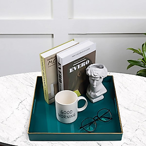 MAONAME Decorative Tray, Green Serving Tray with Handles, Coffee Table Tray, Square Plastic Tray for Ottoman, Bathroom, Kitchen, 13"x13"x1.57"