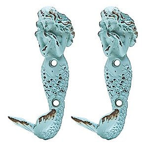 SOFFEE DESIGN Set of 2 Mermaid Shape Metal Wall Coat Hooks, Farmhouse Decoration Wall Mounted Hanging Racks Coat Hooks for Keys, Towels, Clothes, Scarf, Bag