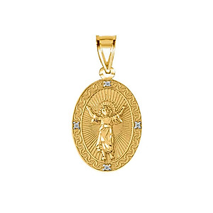 10k Yellow Gold Diamond Divine Child Divino Niño Jesús Oval Medal Pendant
