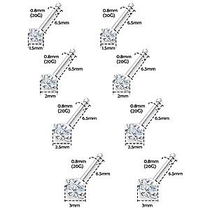 Lsnevsie Nose Rings Studs for Women 20G 316L Surgical Stainless Steel Straight Silver Opal Hypoallergenic Nose Nostril Stud Ring Pin Bone Body Piercing Jewelry for Men Diamond CZ 1.5mm 2mm 2.5mm 3mm