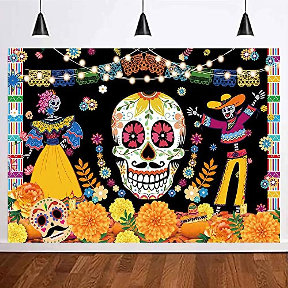 MAQTT 7x5ft Day of Death Backdrop for Mexican Fiesta Party Decoraion Dia DE Los Muertos Flowers and Sugar Skull Photography Backdrops Dress-up Party Supplies